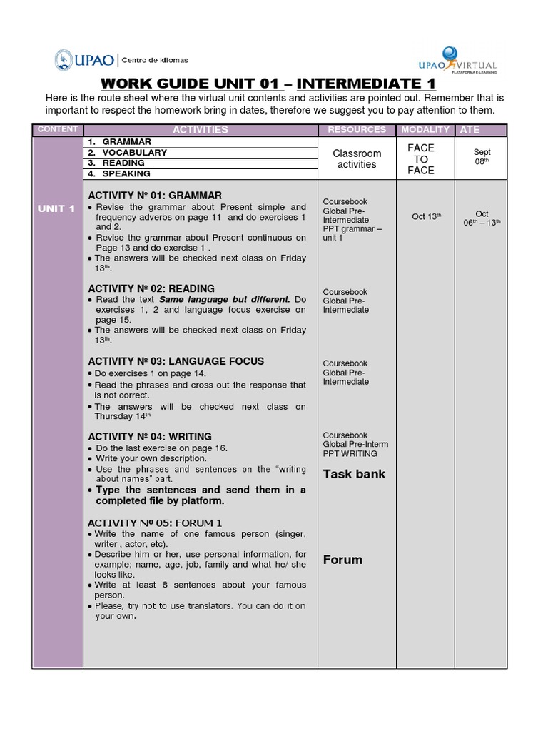 Work Guide Unit 01 - Intermediate 1: Activities ATE | PDF | Human Communication | Semiotics