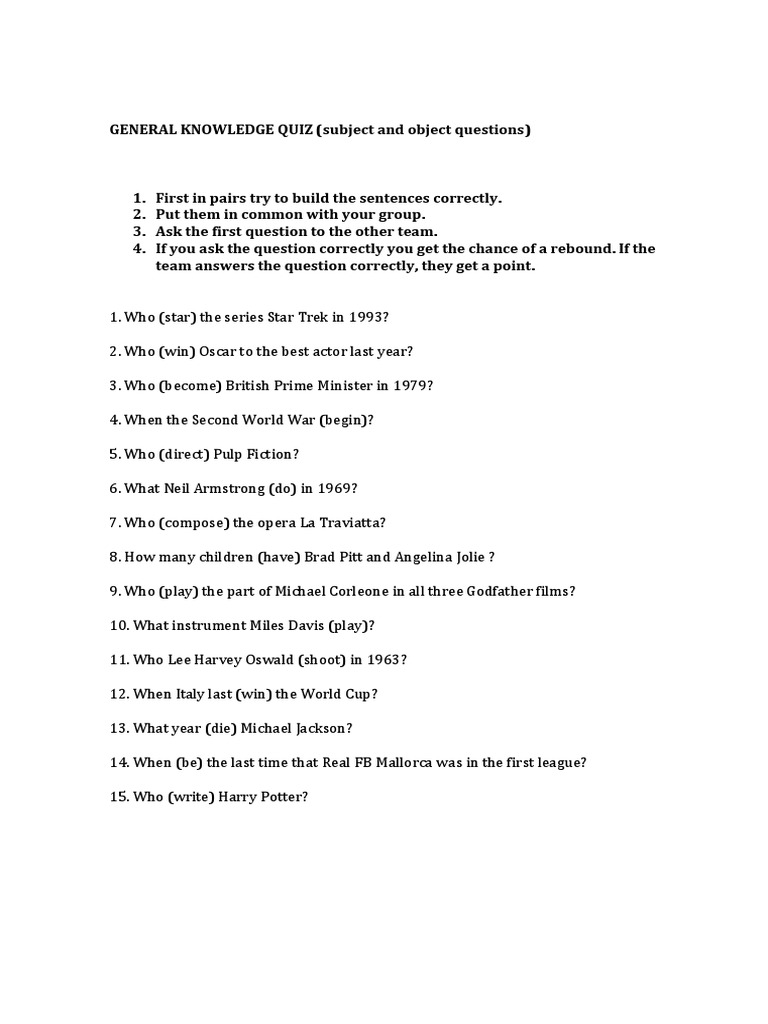GENERAL KNOWLEDGE QUIZ Subject and Object Questions | PDF