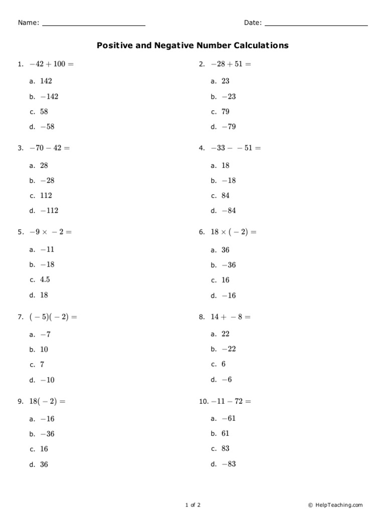 Positive and Negative Number Calculations | PDF