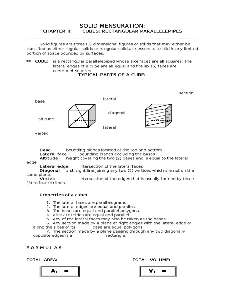 Solid Mensuration:: Cubes Rectangular Parallelepipes | PDF | Rectangle | Area