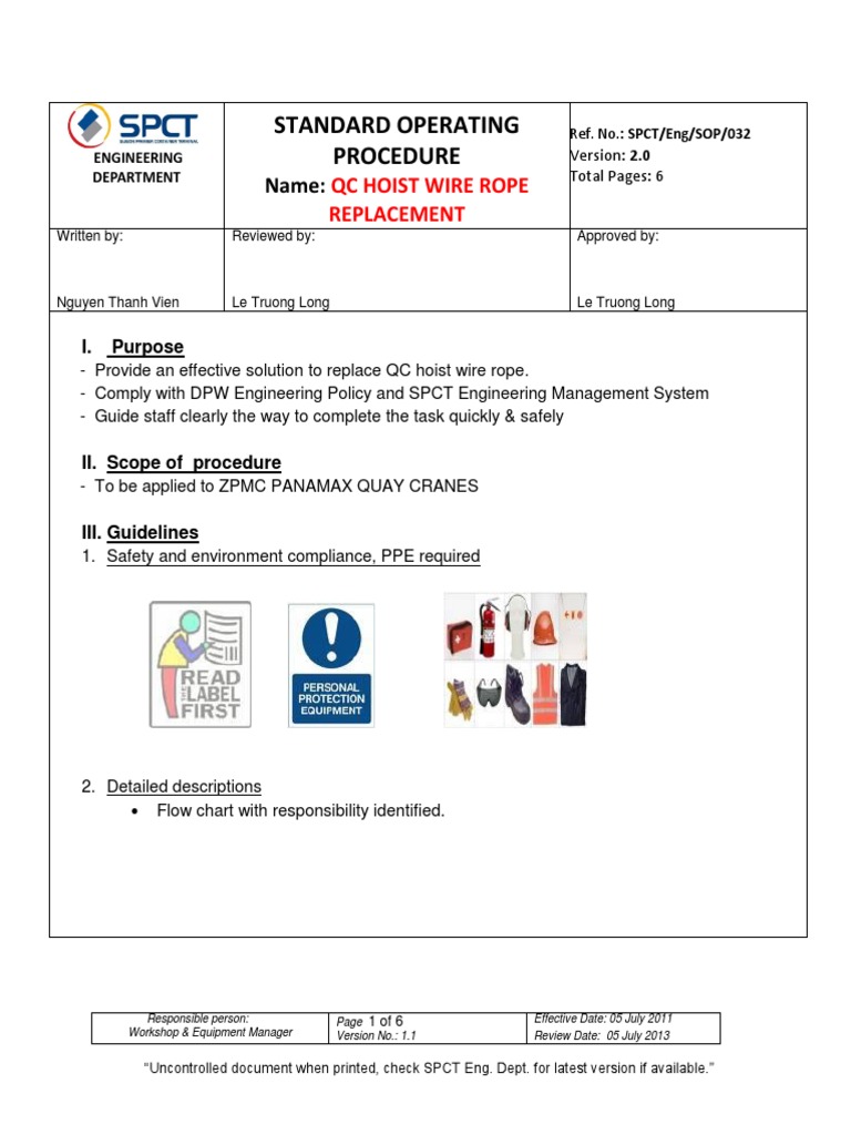 SOP 032 - QC Hoist Wire Rope Replacement - V 2.0 | PDF | Wire | Equipment