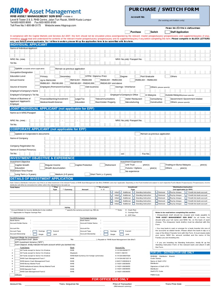 RHB Switch Form | Download Free PDF | Banks | Investing