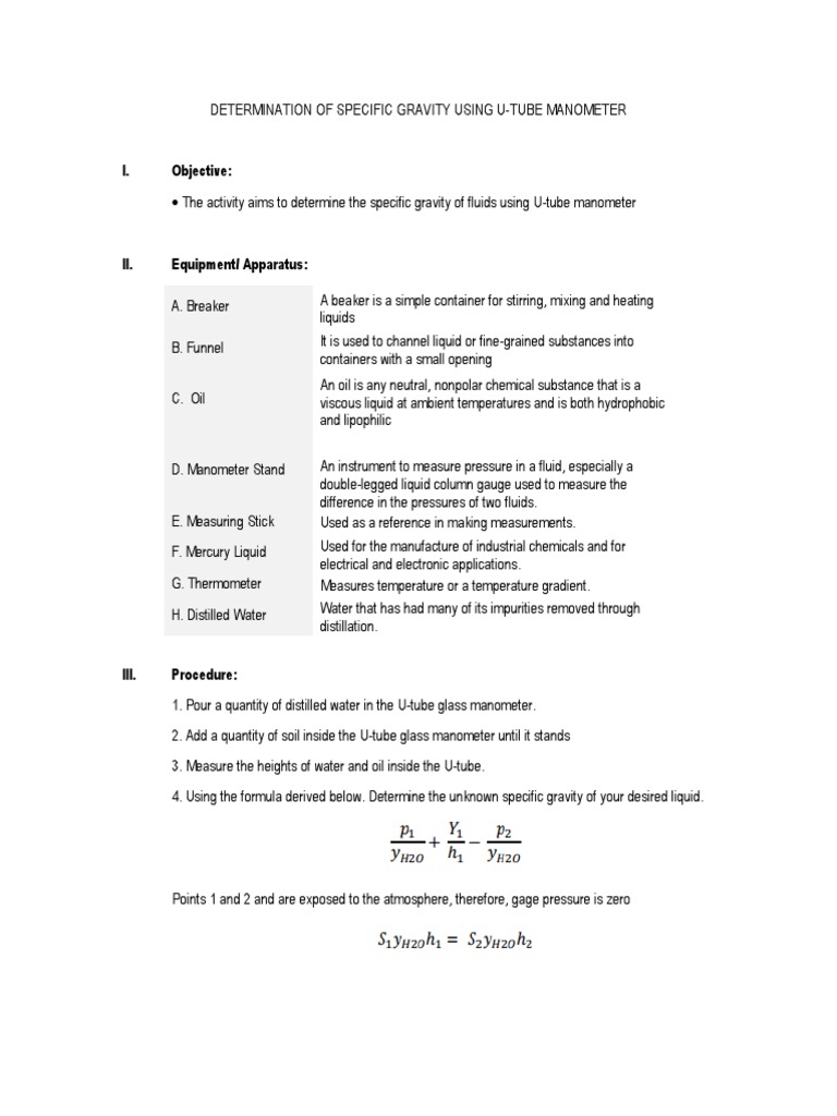 Specific Gravity Measurement with U-Tube | PDF | Pressure Measurement ...