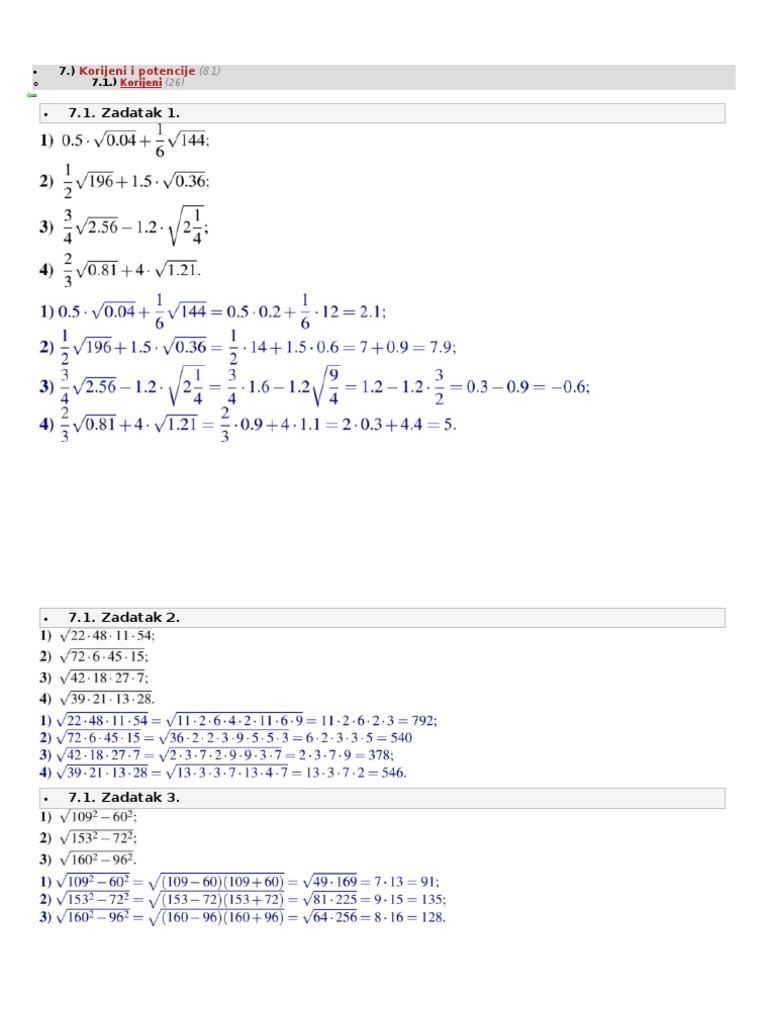 RIJEŠENI ZADACI Korijeni I Potencije | PDF