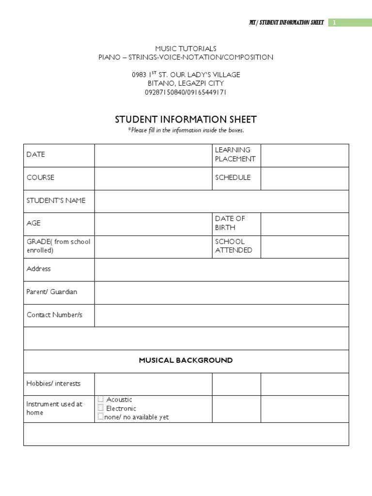 Student Information Sheet: Please Fill in The Information Inside The ...