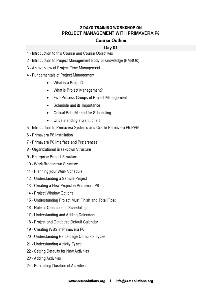 Project Management With Primavera P6 Course Outline Day 01: 2 Days ...