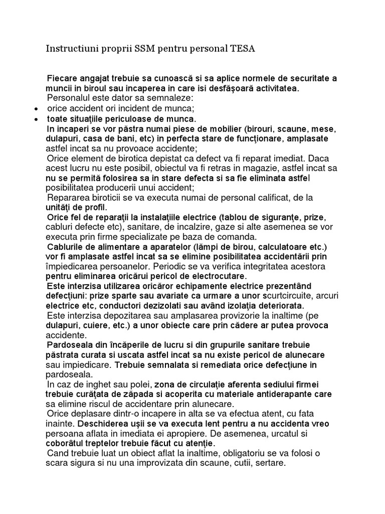 Instructiuni Proprii SSM | PDF