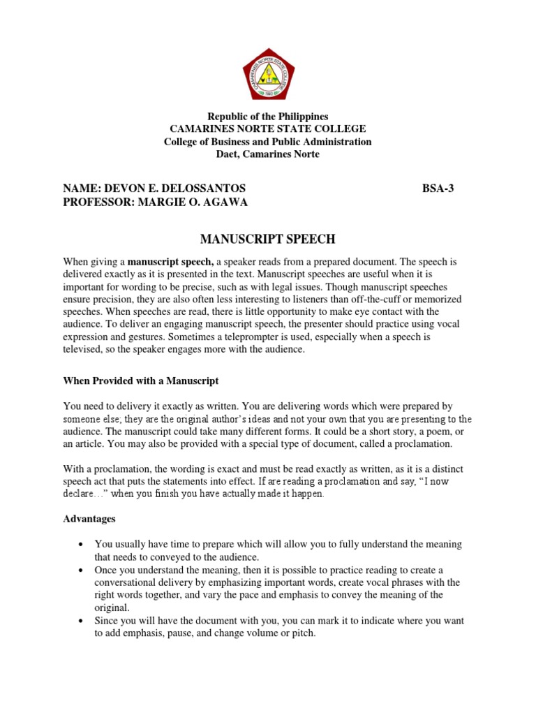 Manuscript Speech Delossantos | PDF | Manuscript | Cognitive Science