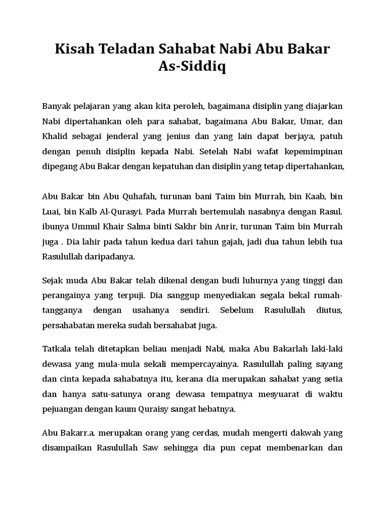 Kisah Teladan Sahabat Nabi Abu Bakar As | PDF