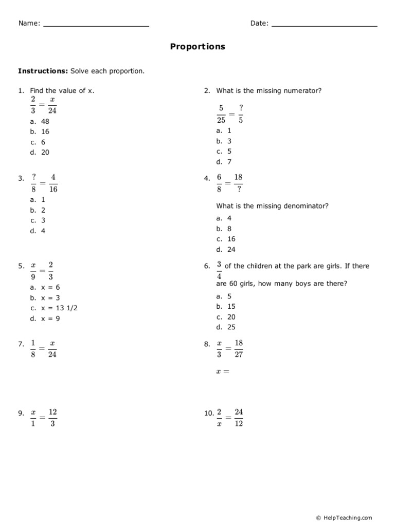 Proportions: Instructions: Solve Each Proportion | PDF