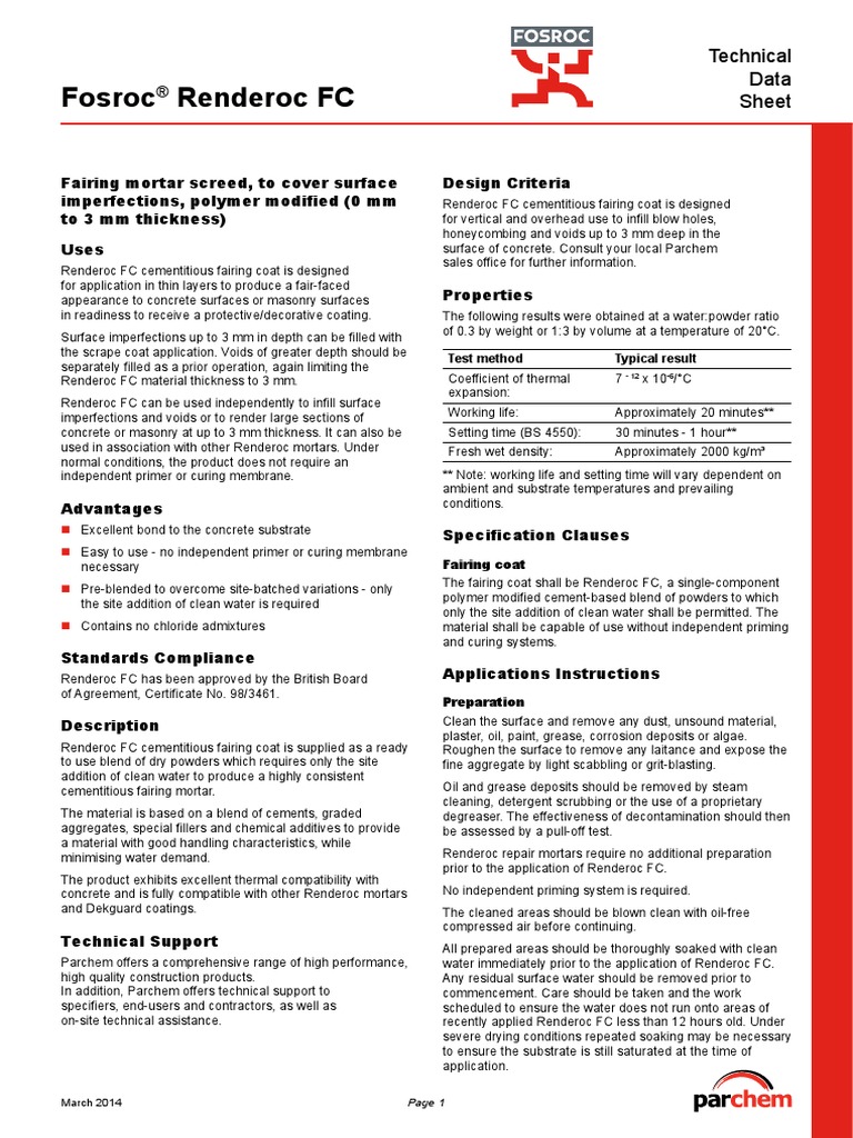 Renderoc FC TDS | Download Free PDF | Mortar (Masonry) | Concrete