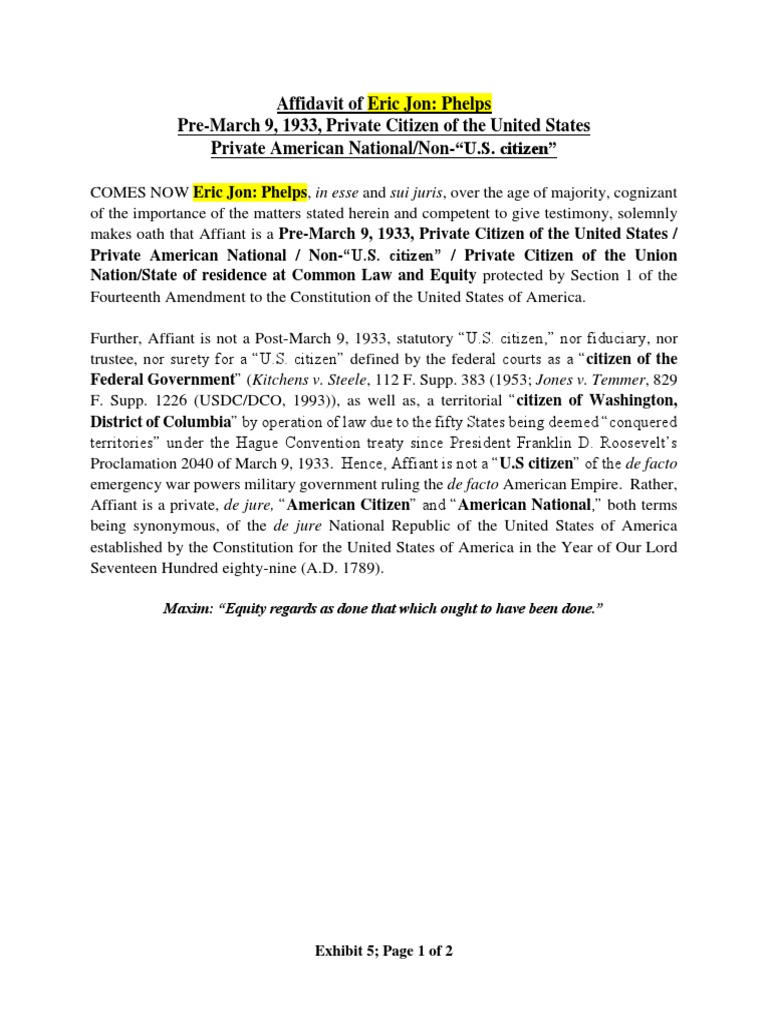 New Exhibit 5 Affidavit of American National Status | PDF | Affidavit ...