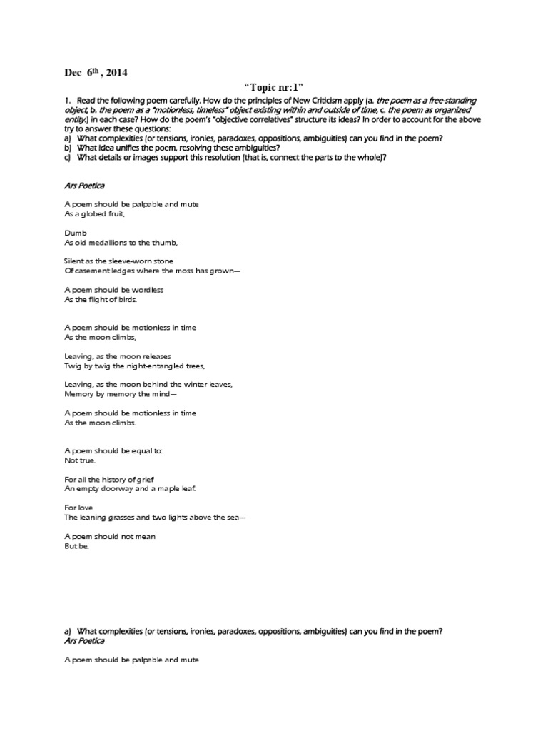 Ars Poetica | PDF | Ambiguity | Poetry