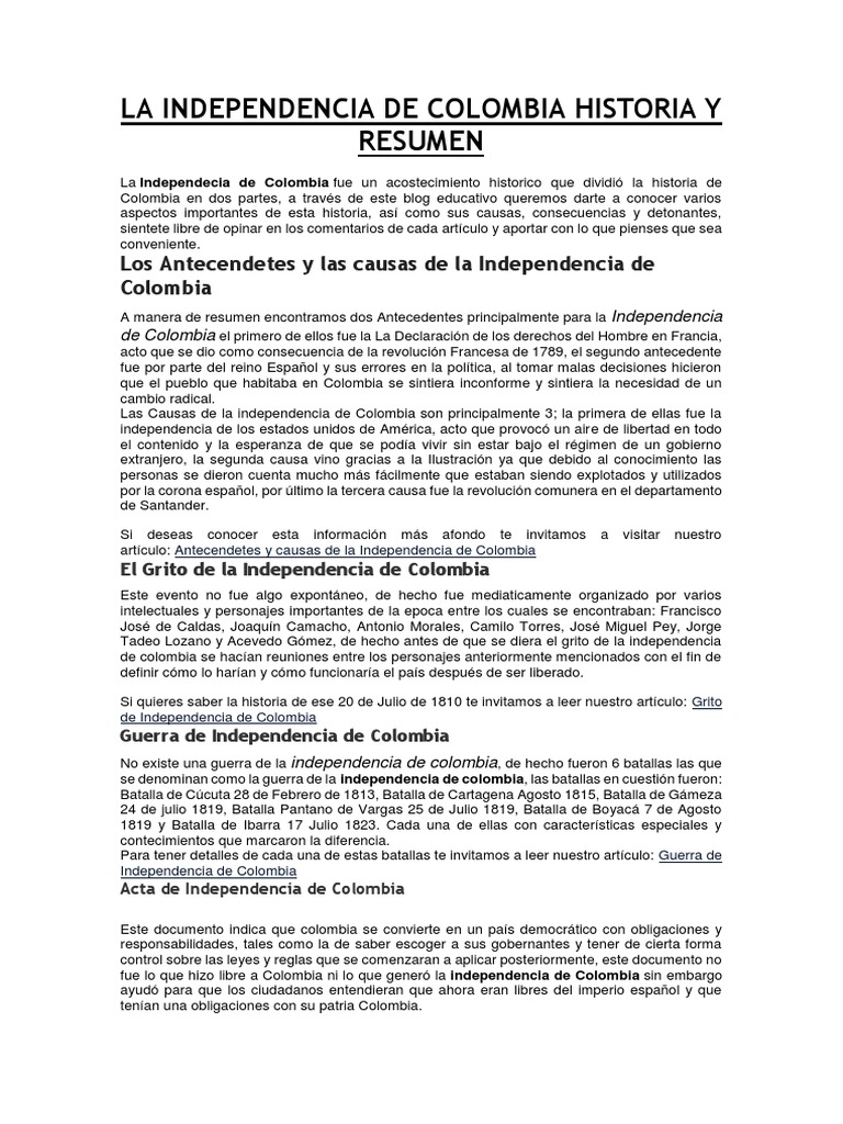 La Independencia de Colombia Historia y Resumen | PDF | Colombia ...