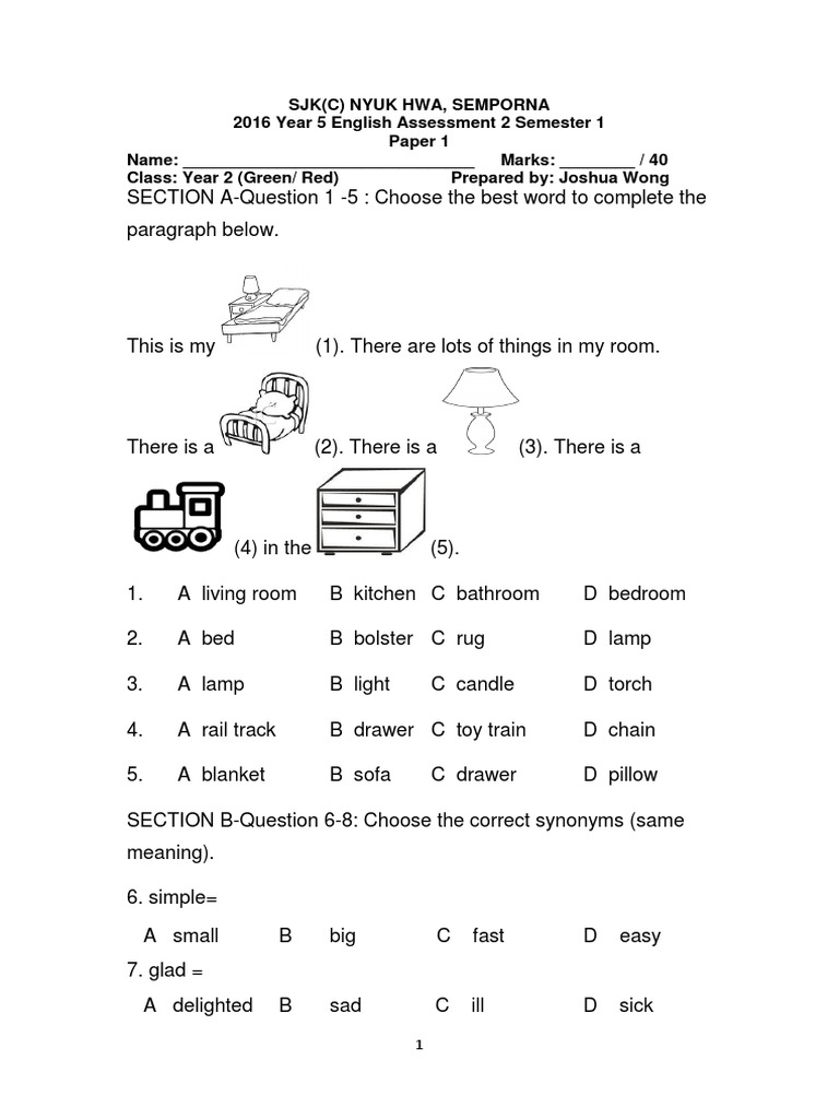 English Primary 2 Paper 1 | PDF | Room | Domestic Life