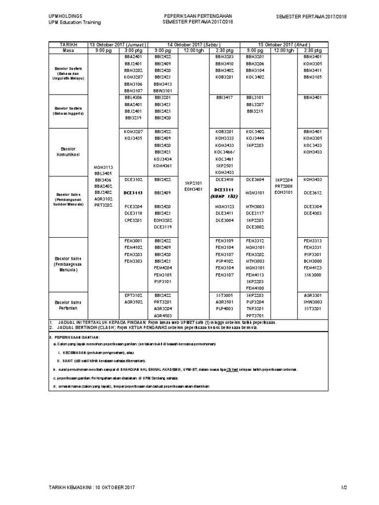 Jadual Midterm Bacelor Sem 1 1718 | PDF