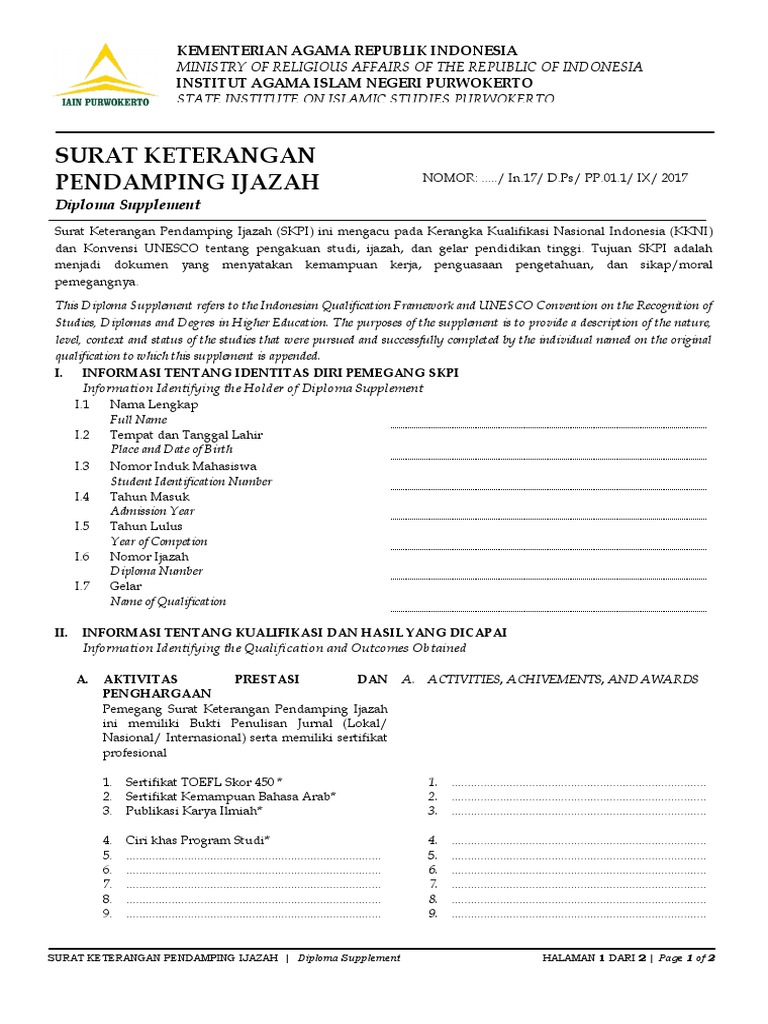Surat Keterangan Pendamping Ijazah SKPI | PDF | Karier & Perkembangan