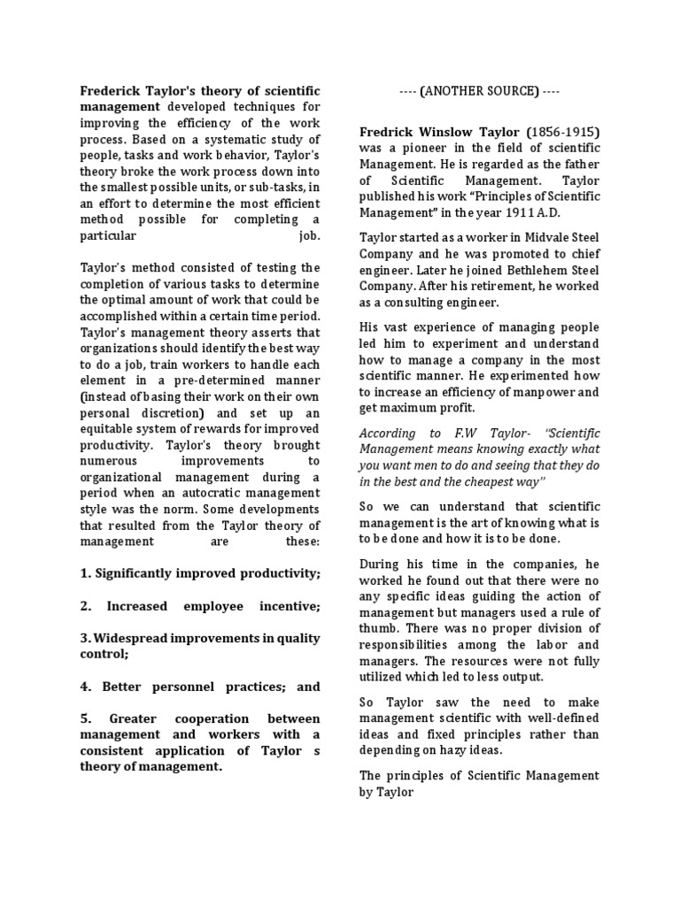 Frederick Taylor's scientific management theory | PDF | Employment ...