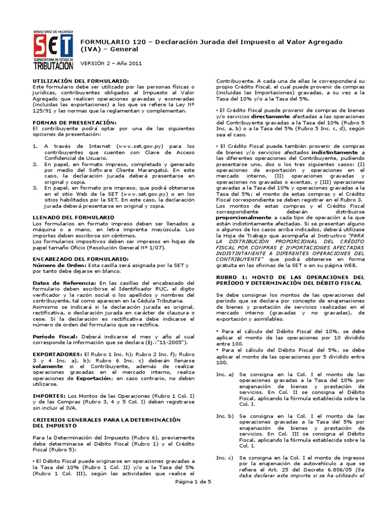 Instrucciones Formulario 120 IVA | PDF | Impuesto al valor agregado ...