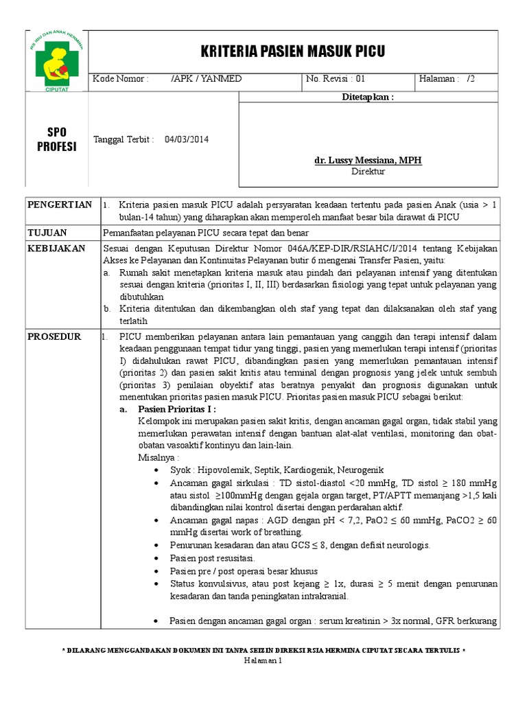 Spo Kriteria Pasien Masuk Picu Edit | PDF