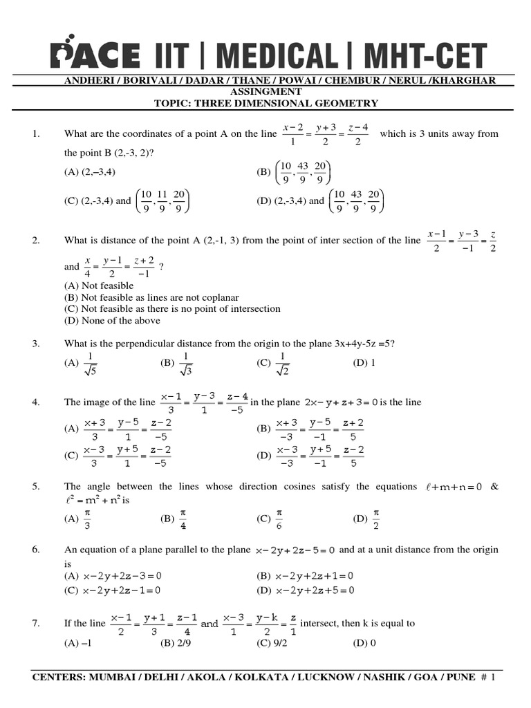Three Dimensional Geometry Questions Pdf Line Geometry Plane