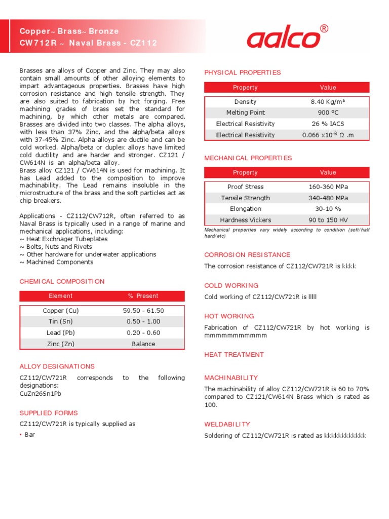 Aalco Metals LTD Copper Brass Bronze CW712R Naval Brass CZ112 | PDF ...