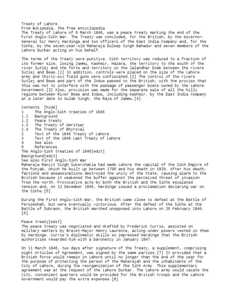 Treaty of Lahore | Punjab | British Empire