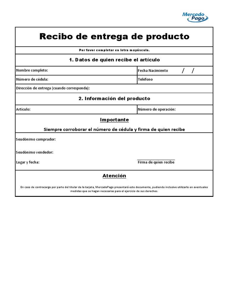 Recibo De Entrega De Producto Pdf