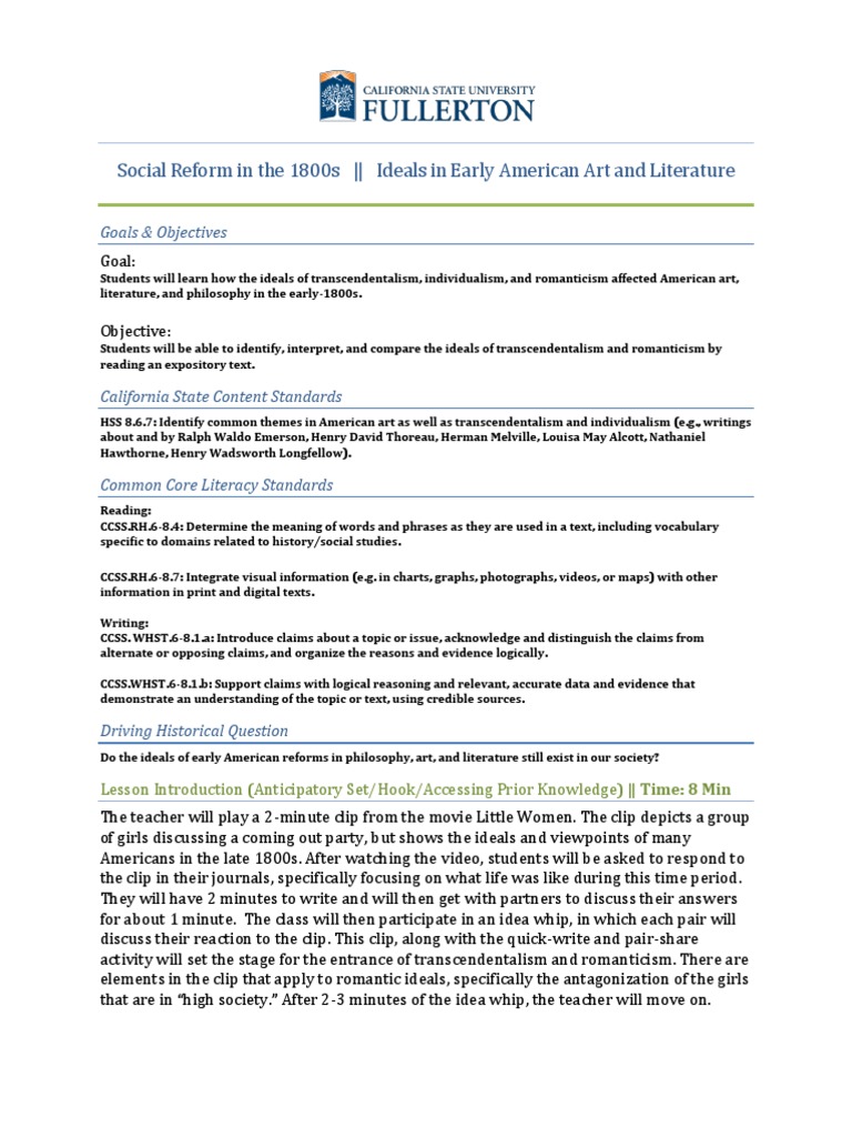 Reading Lesson Plan | PDF | Transcendentalism | Romanticism