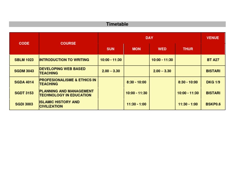 Timetable Code Course Day Venue Pdf
