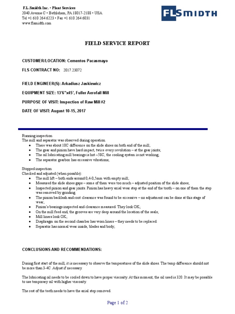 Field Service Report | PDF | Gear | Bearing (Mechanical)