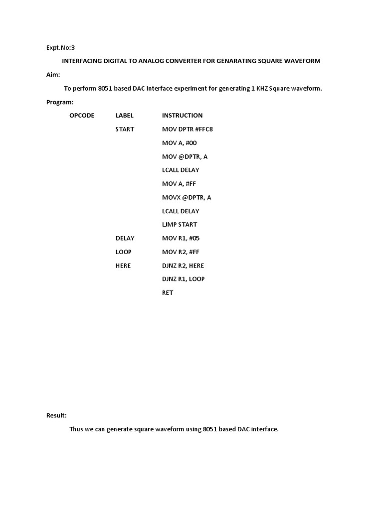 8051 DAC Interface Experiment for 1 KHz Square Waveform Generation | PDF