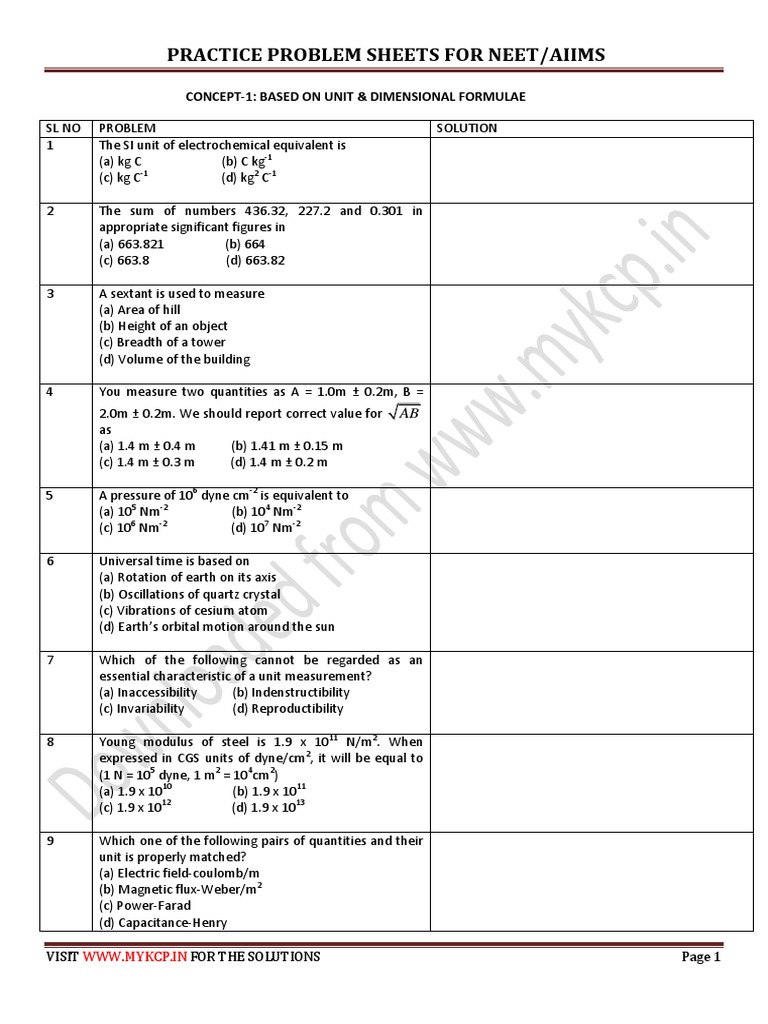 Practice Problems For Neet | PDF | Electronvolt | Velocity