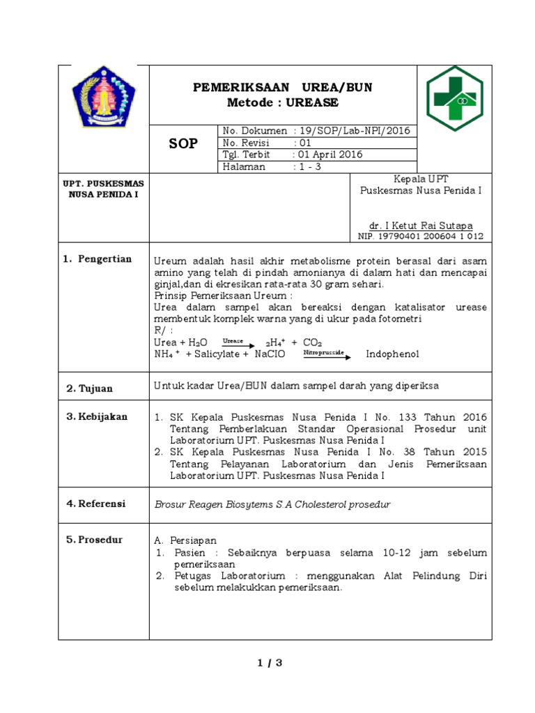 SOP 19 Pemeriksaan Ureum | PDF