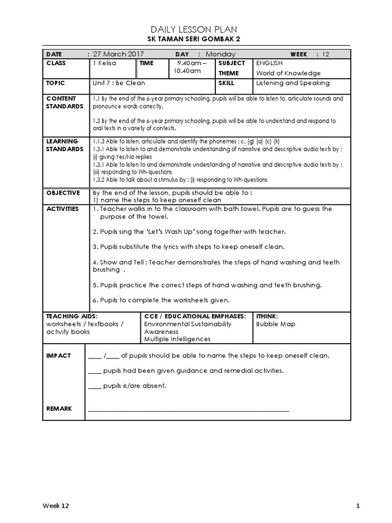 Template RPH Year 1 | PDF | Lesson Plan | Quality Of Life
