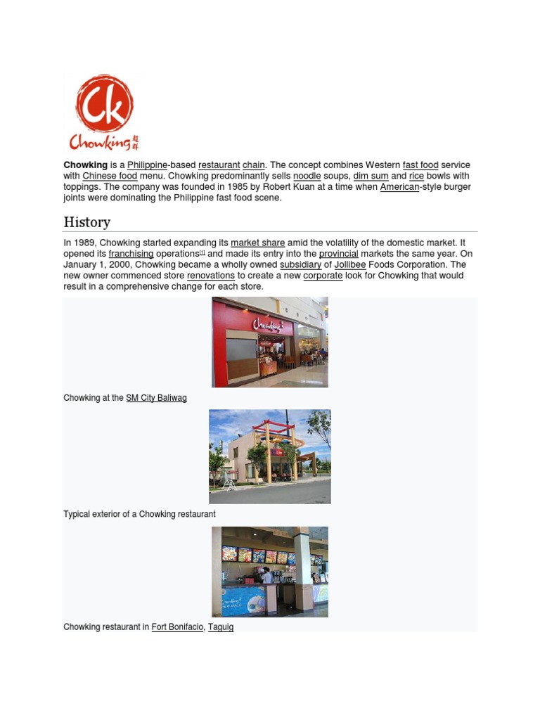 History: Chowking Is A Philippine-Based Restaurant Chain. The Concept ...
