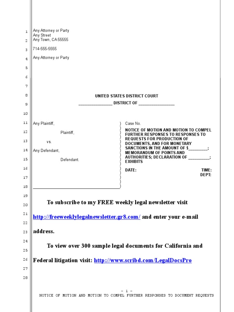 Sample Motion to Compel Further Responses to Document Requests in ...