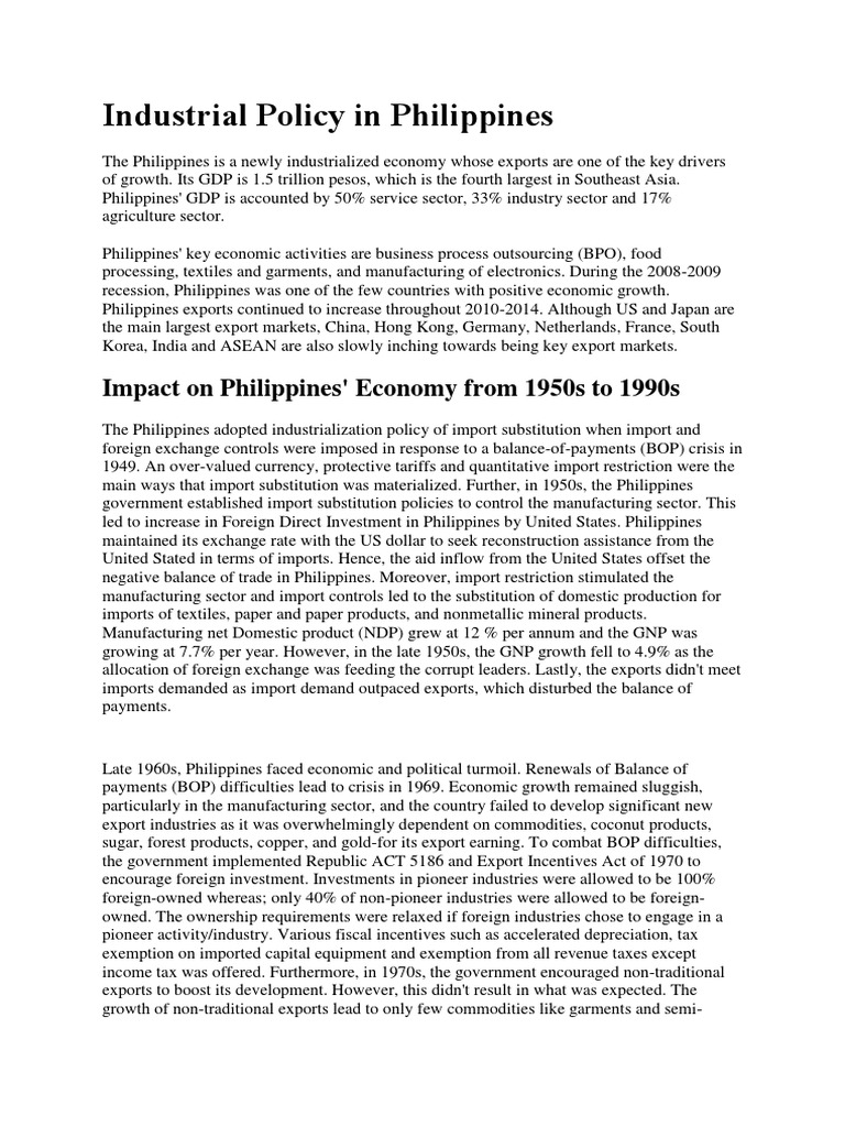 Industrial Policy in Philippines | PDF | Protectionism | Economic Growth