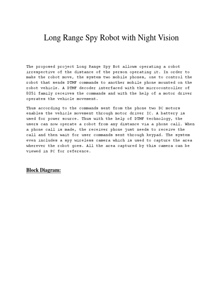 Long Range Spy Robot With Night Vision: Block Diagram | PDF | Telephone ...