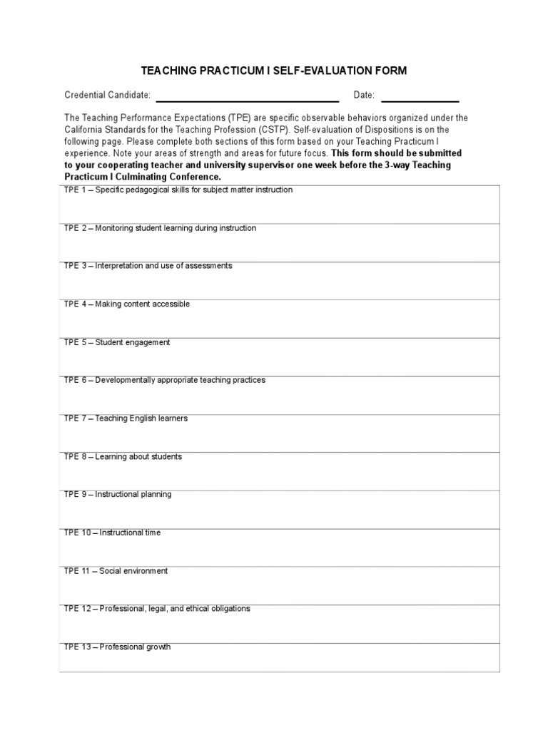 Teaching Practicum I Self-Evaluation Form | PDF