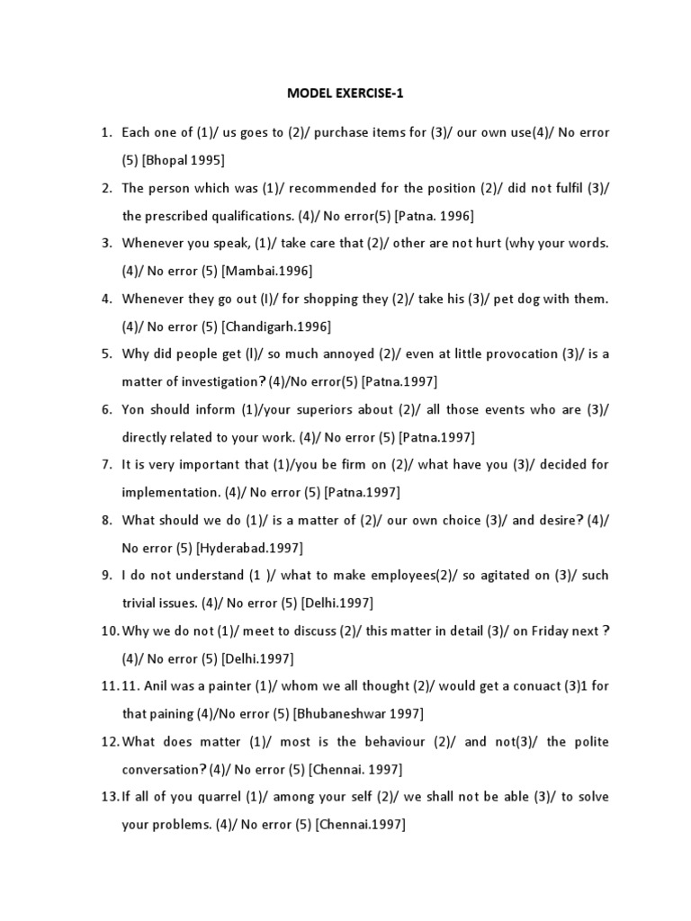 Model Exercise-1: A Collection of Sentences Containing Grammatical ...