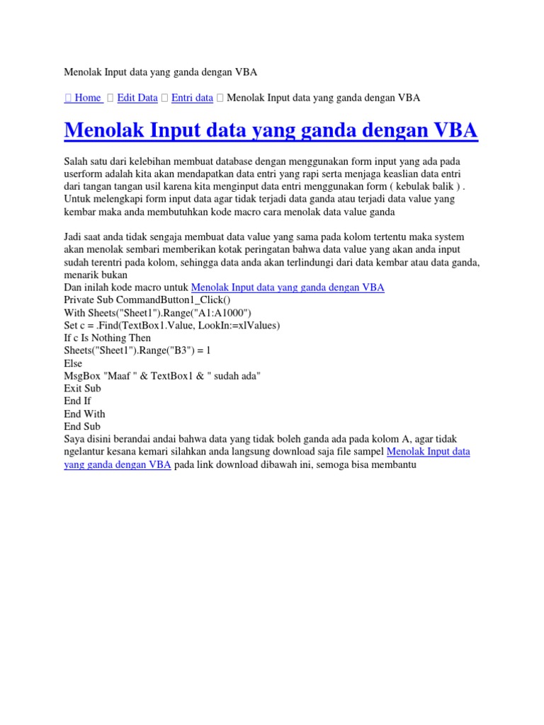 Menolak Input Data Yang Ganda Dengan VBA | PDF | Komputer