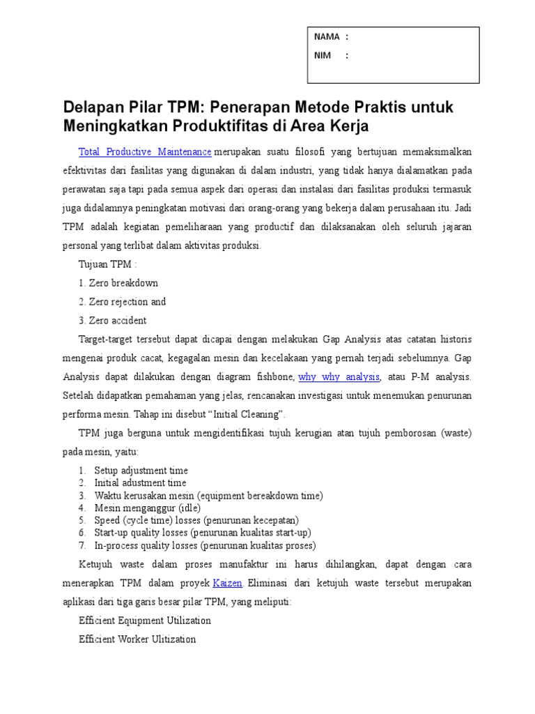 Delapan Pilar TPM: Implementasi Total Productive Maintenance untuk ...