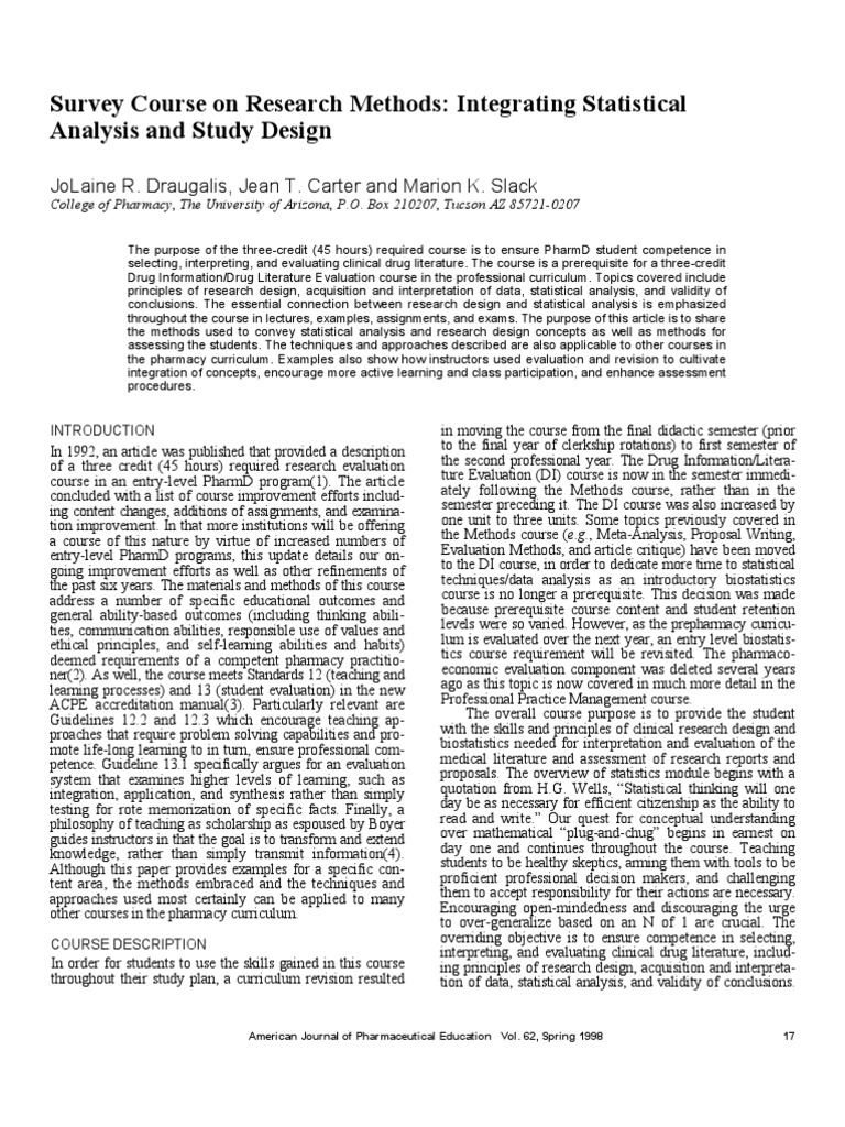 Survey Course On Research Methods: Integrating Statistical Analysis and Study Design | PDF ...