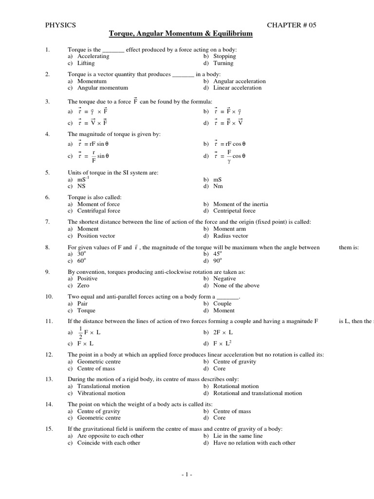 Chapter # 05 Torque, Angular Momentum, and Equilibrium | PDF | Rotation Around A Fixed Axis | Torque