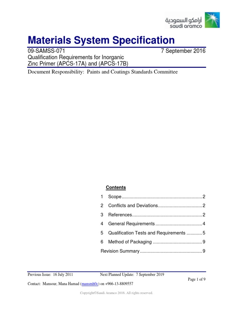 09-SAMSS-071 - (2016) Qualification Requirements For Inorganic Zinc ...