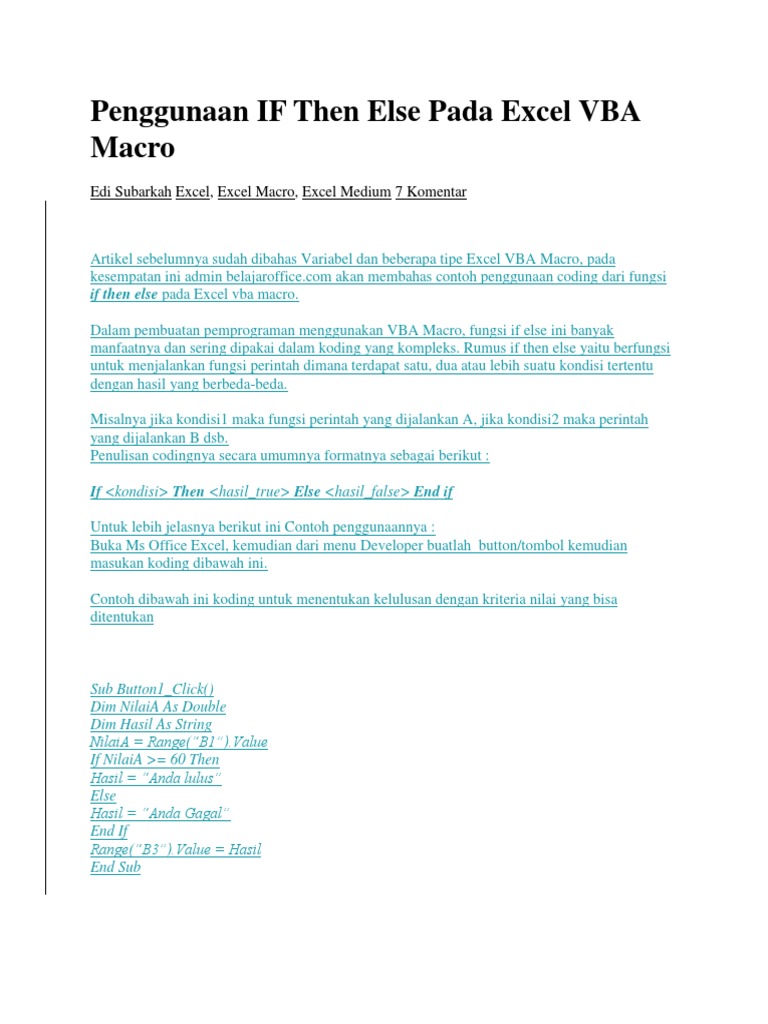 Penggunaan If Then Else Pada Excel VBA Macro | PDF