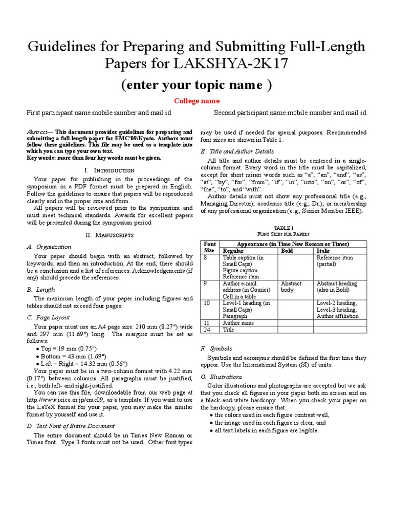 Guidelines For Preparing And Submitting Full Length Papers For Lakshya