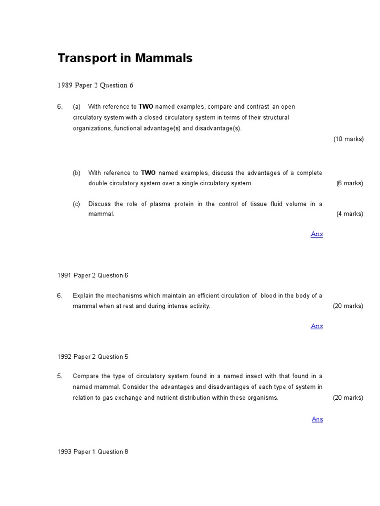 Transport in Mammals: 1989 Paper 2 Question 6 | PDF | Heart ...