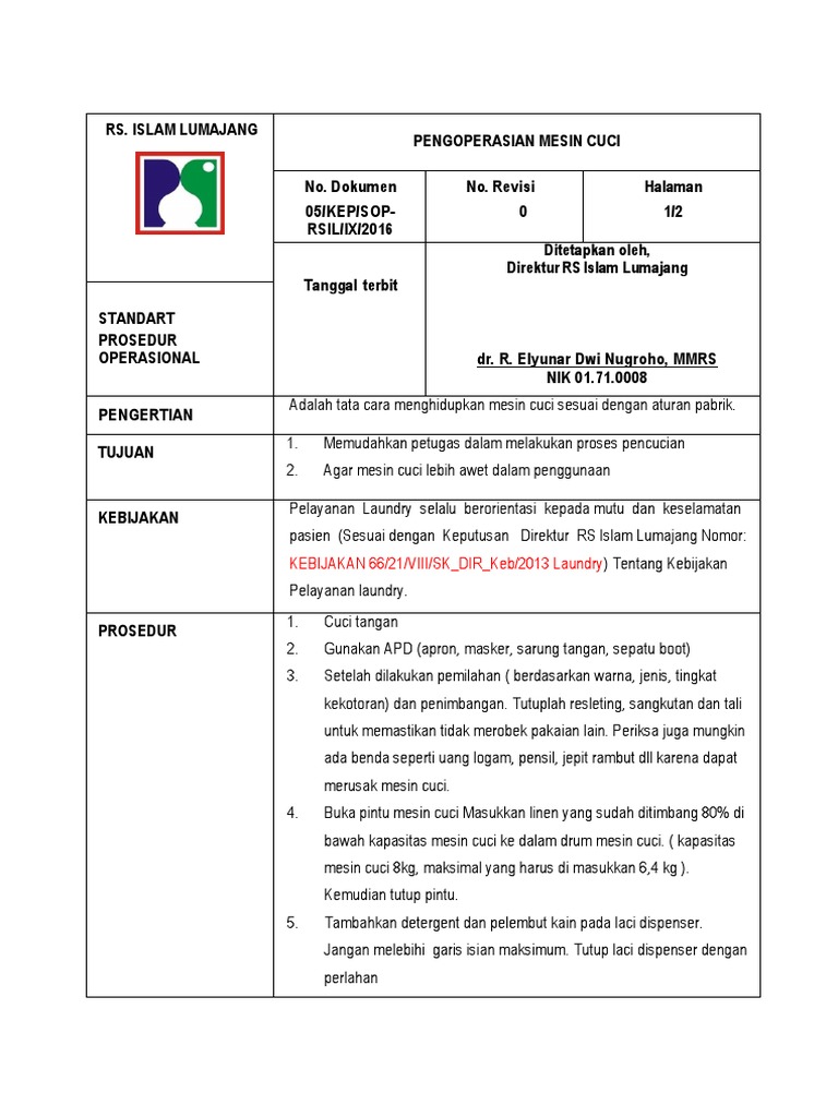 Sop Pengoperasian Mesin Cuci | PDF